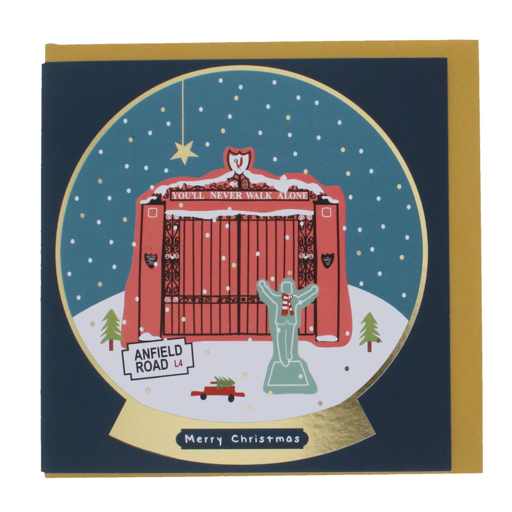 Shankly Gates Snowglobe Christmas Card | National Museums Liverpool Shop